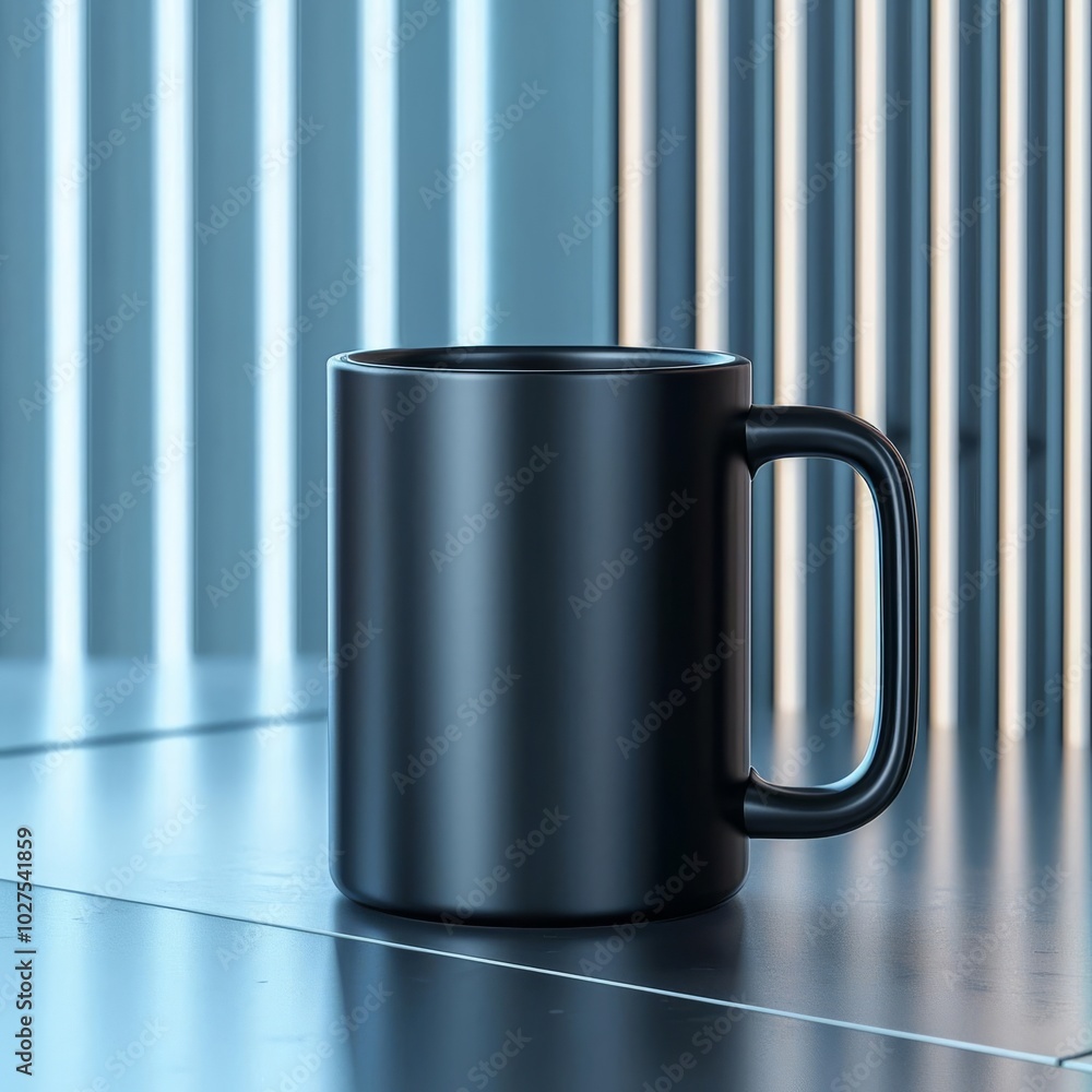 Metal mug with a matte black finish, standing on a futuristic metallic ...
