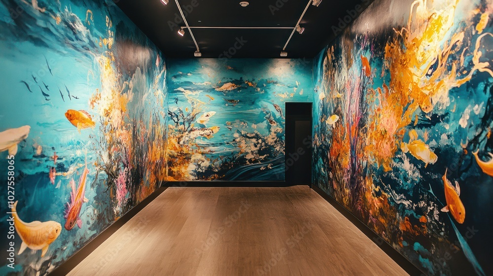 Artistic wall decor featuring hand-painted murals, blending abstract ...