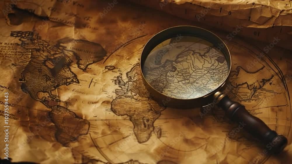 Magnifying glass over ancient world map capturing details for slow ...