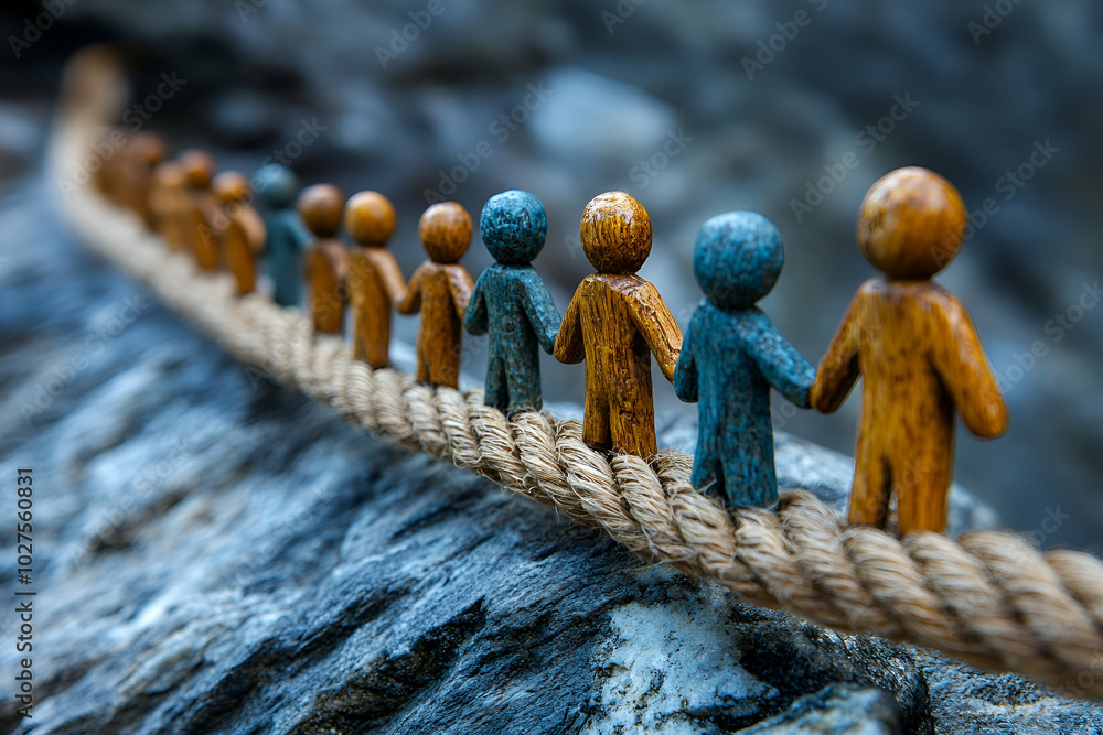 A group of people are holding hands on a rope. The rope is tied to a ...