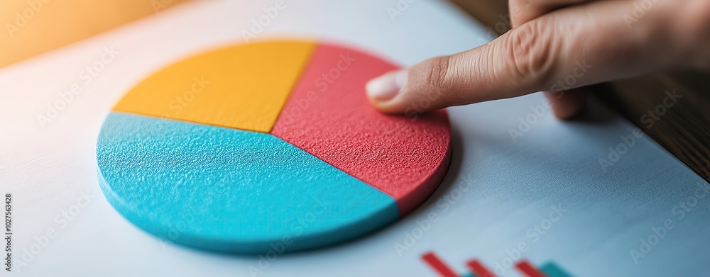 Closeup of a pie chart on paper with a hand pointing out key data ...