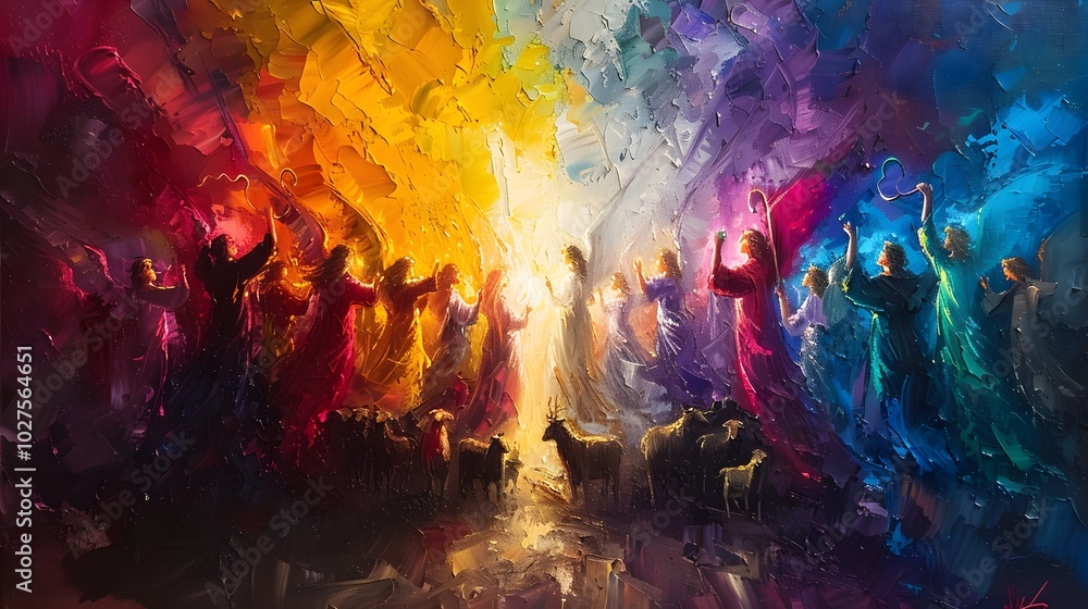 A vibrant nativity scene oil painting, with angels blowing trumpets and ...