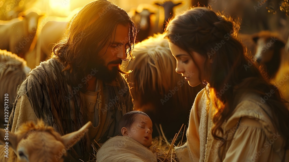 The first light of dawn breaks over the nativity scene, casting a soft ...