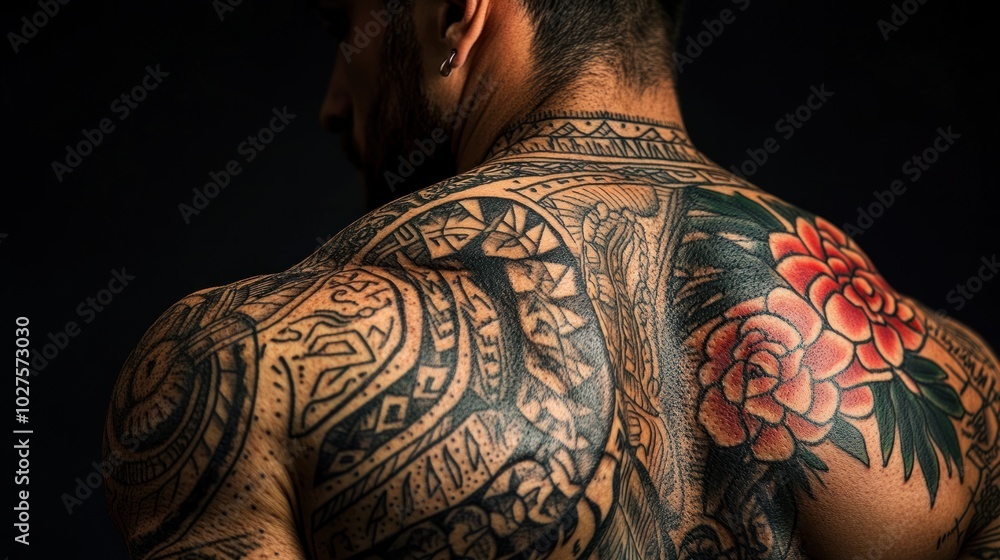 Tattoo art on human skin, showcasing detailed tribal designs with bold ...