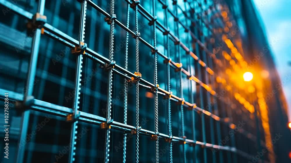 A close-up shot of sturdy metal scaffolding, featuring thick ...