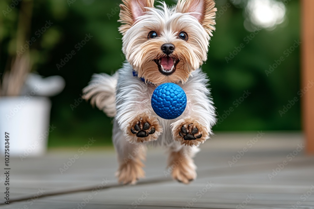 A Yorkshire Terrier jumping to catch a small ball, its body mid-air and ...