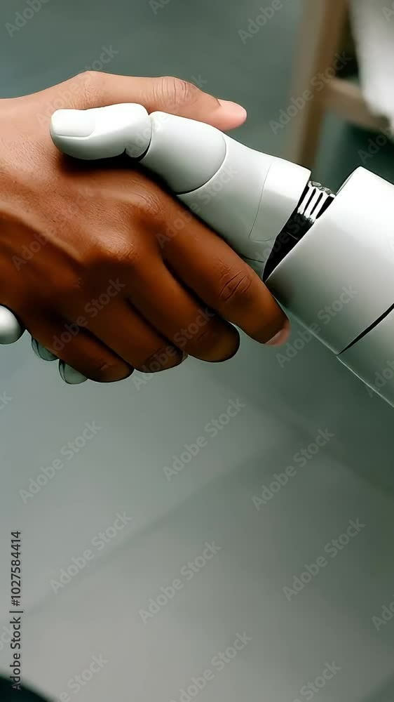 Human doing handshake with white humanoid hand of a sleek robot in the ...
