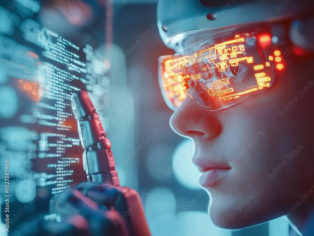 Scientist programming a robot's AI in a research lab, with a digital ...