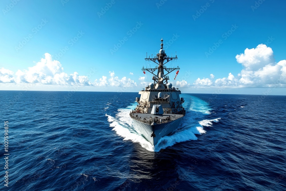 Naval destroyer patrolling the open ocean, with radar and weaponry ...