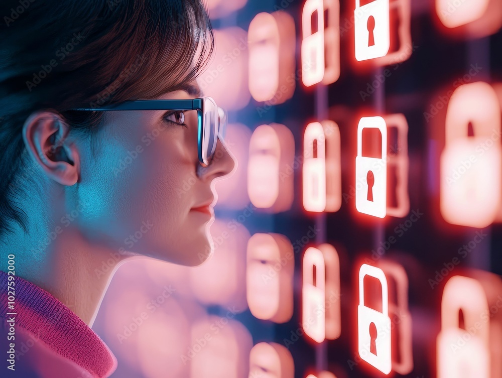 Researcher working on quantum cryptography, with digital locks and ...