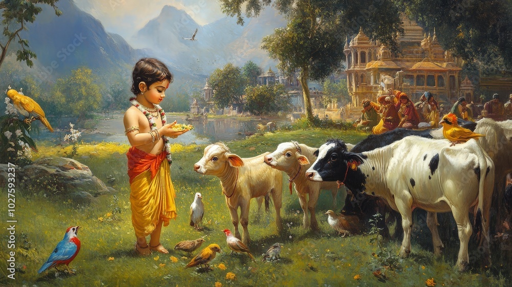 A depiction of Krishna as a child (Bal Krishna) feeding cows and birds ...