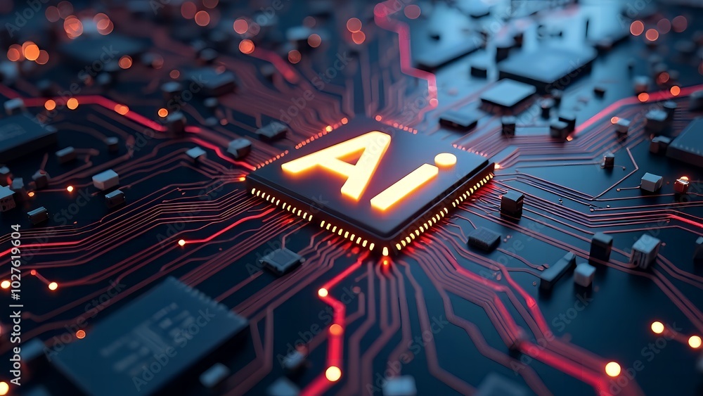 Futuristic neon AI chip with thin circuit lines on abstract tech ...