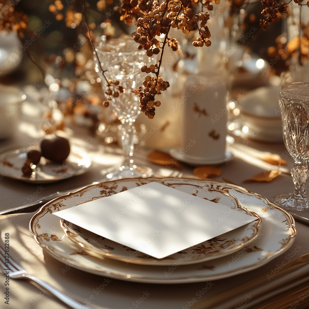 Square menu card mockup 5x5 inches on table, Wedding table setting ...