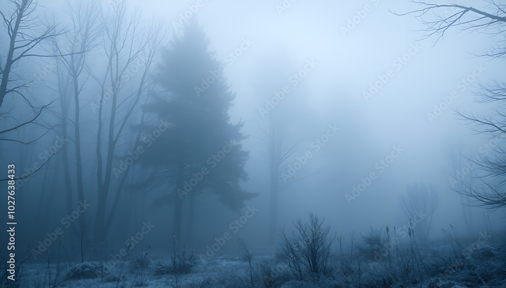 Ethereal mist swirls around twinkling trees, casting an eerie gloom ...