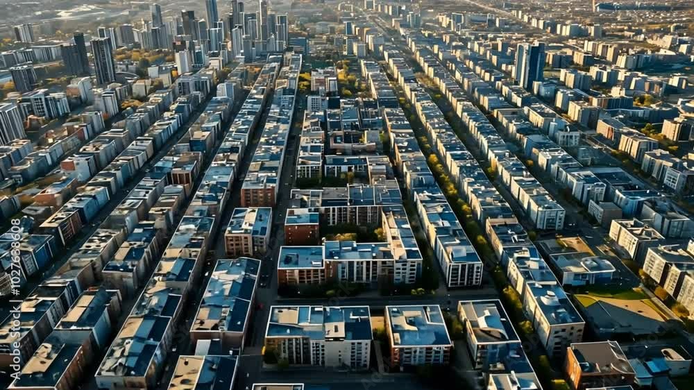Aerial view of a densely populated residential city grid with uniform ...