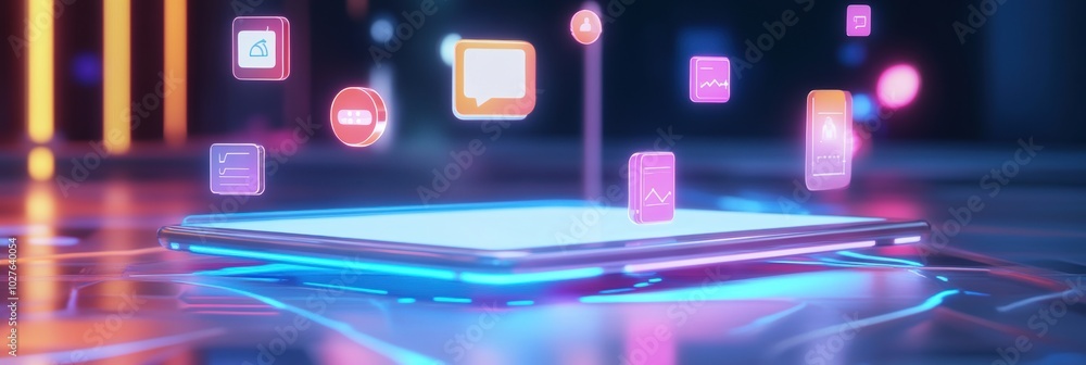 Futuristic Digital Learning Hub, a sleek tablet surrounded by vibrant 3D educational icons in a ...