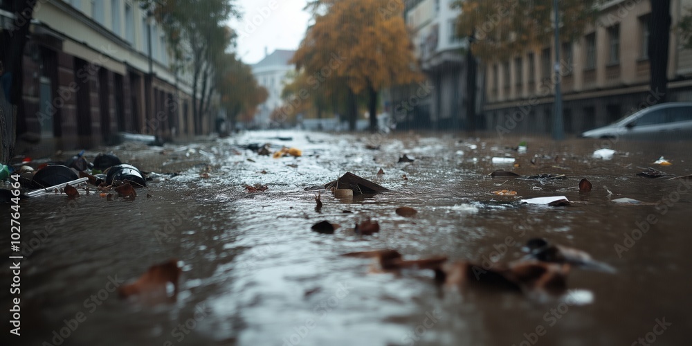 City street heavily flooded with floating trash during a rainstorm ...