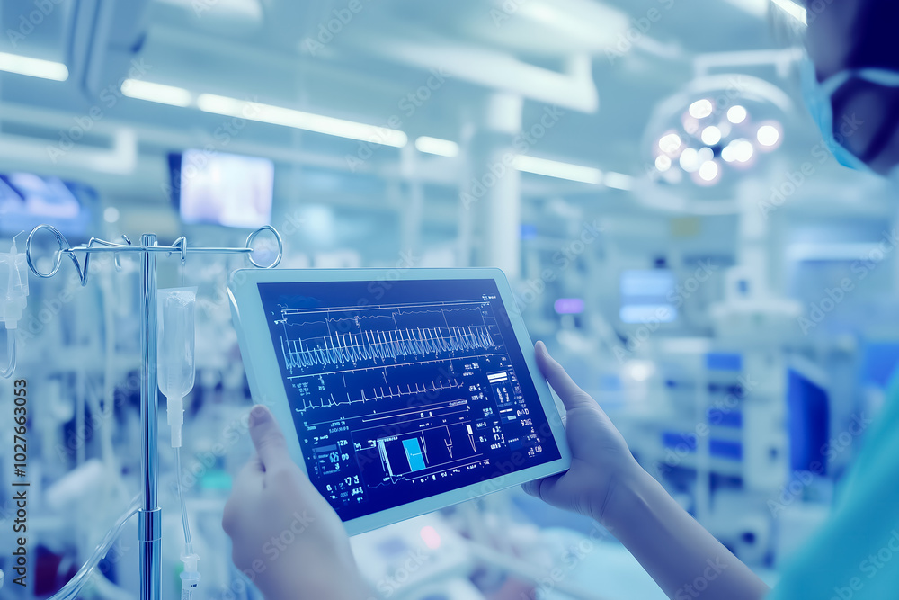 Hand of a doctor holding a tablet It shows the patient's vital signs to ...