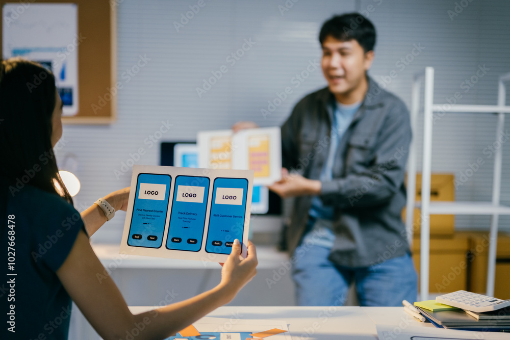 Two enthusiastic ui/ux designers are reviewing mobile application ...