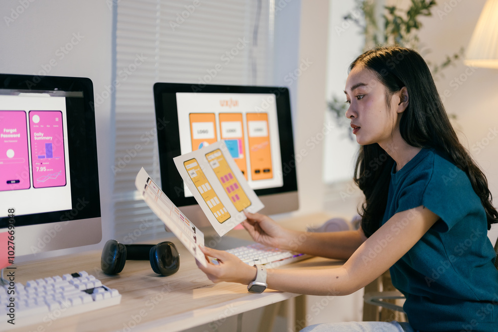 Young woman working as ux designer is comparing mobile app design ideas ...