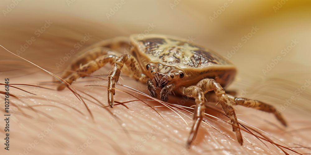 Crawling deer tick on human hairy skin background. Dangerous insect ...