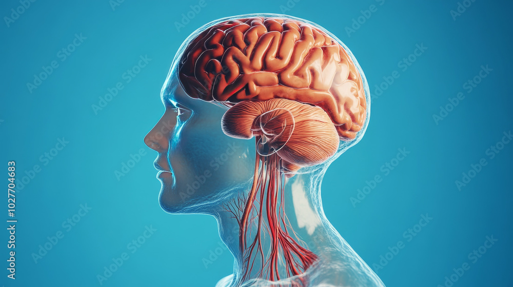 A detailed 3D medical illustration of the human brain anatomy ...