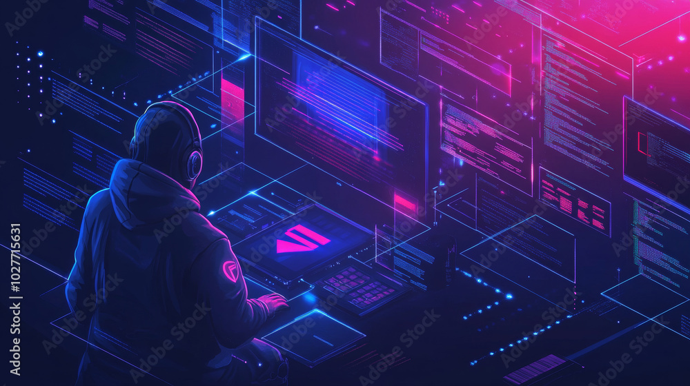 Design a scene featuring an anonymous figure navigating through ...