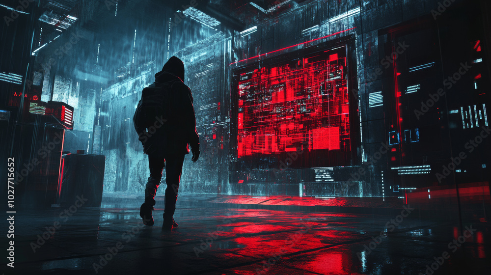 Design a scene featuring an anonymous figure navigating through ...