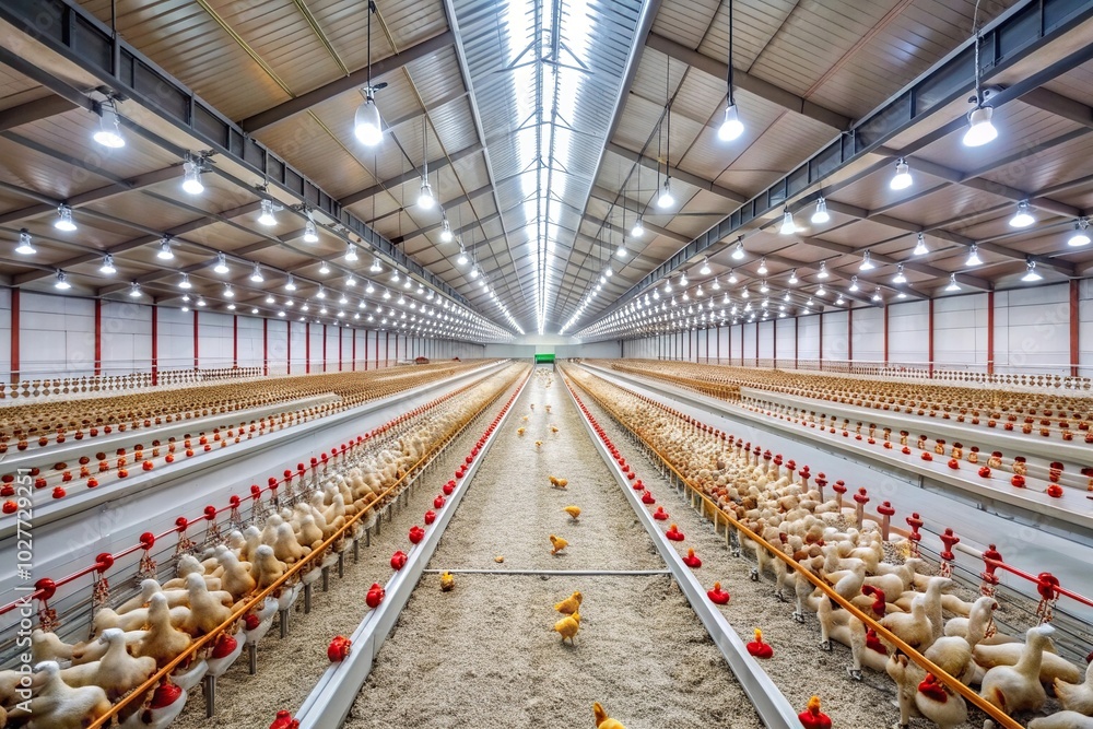 A modern poultry house featuring a symmetrical design with clean and ...