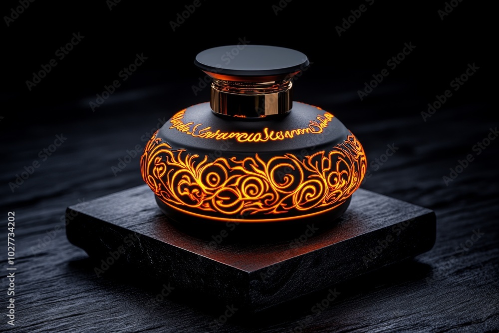 Magical perfume bottle with a glowing label, where the customerâ€™s ...