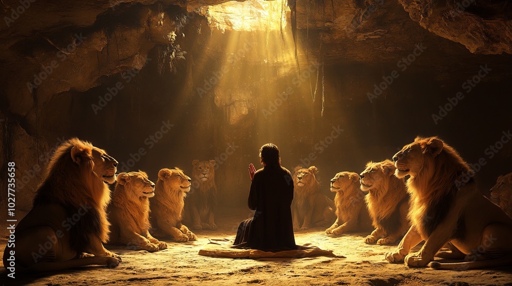 Daniel praying calmly in the lion's den, lions sitting peacefully around him, divine light ...