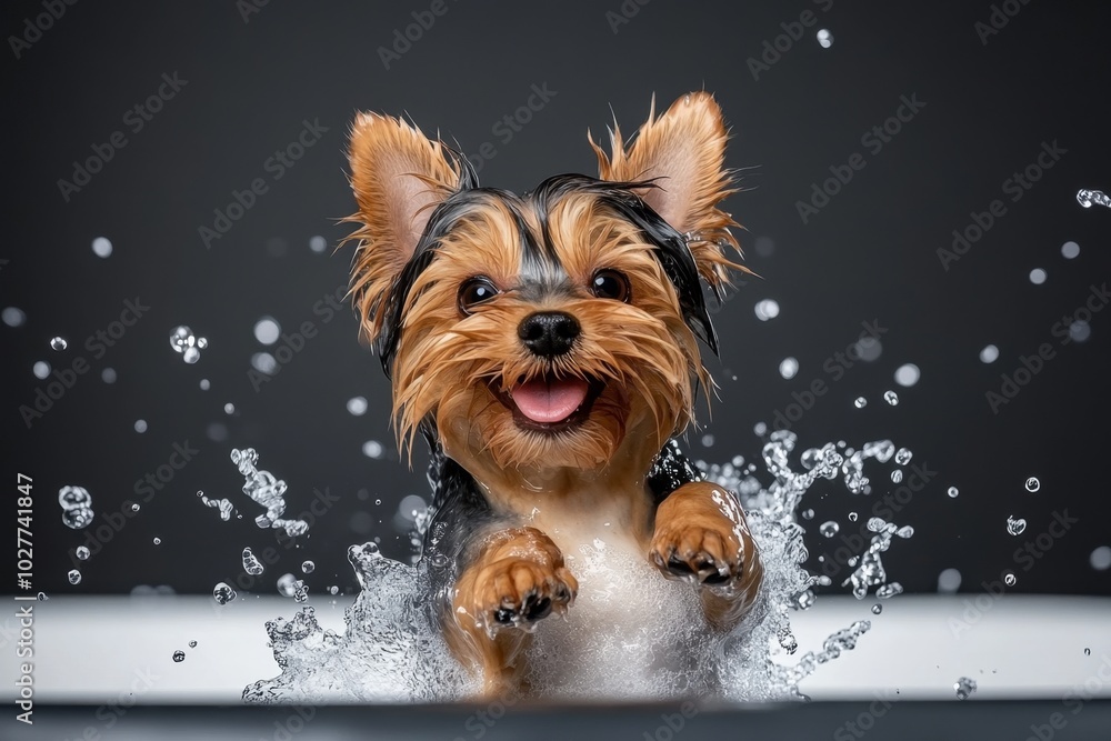 Yorkshire Terrier shaking off water after a bath, with droplets flying ...