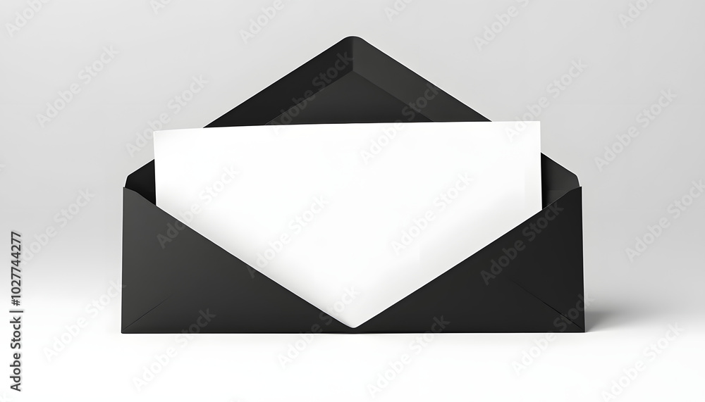 Opened black paper envelope mockup with paper sheet isolated on a ...