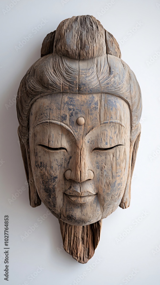 Carved wooden sculpture of buddha's face with eyes closed in a serene ...