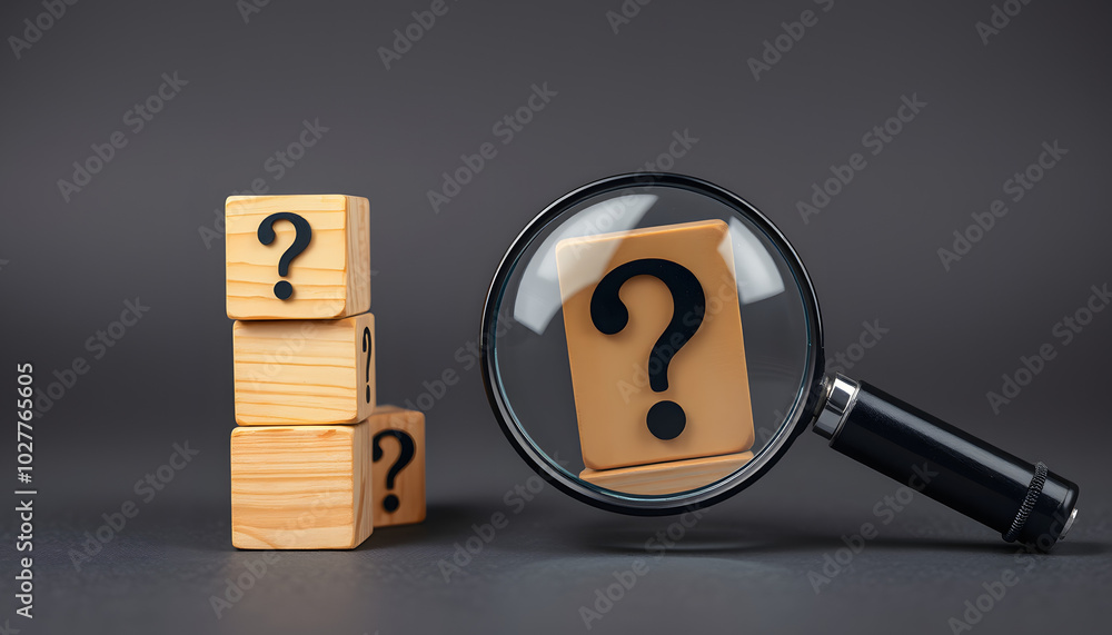 Magnifying glass and stack of question mark wood cubes, analyze the ...