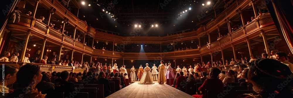 Theater performers in detailed costumes engage the audience in a ...