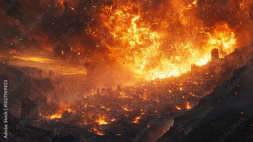 Destruction of Sodom and Gomorrah, fire raining from the sky, intense ...