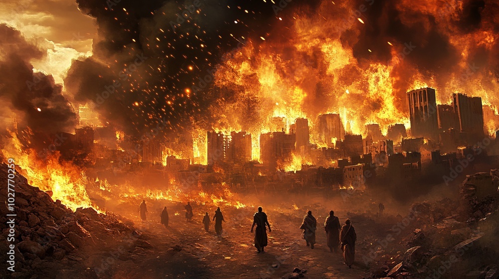 Lot and his family fleeing the burning cities of Sodom and Gomorrah ...