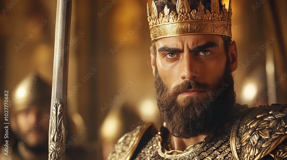 Portrait of King Saul, proud and regal expression, wearing royal armor ...