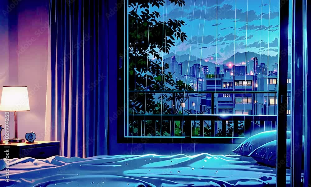 relaxing lofi with bedroom rain on the window seamless loop animation ...