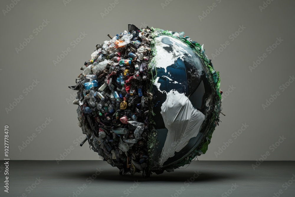 A contrasting image showing a globe half covered in rubbish, with ...
