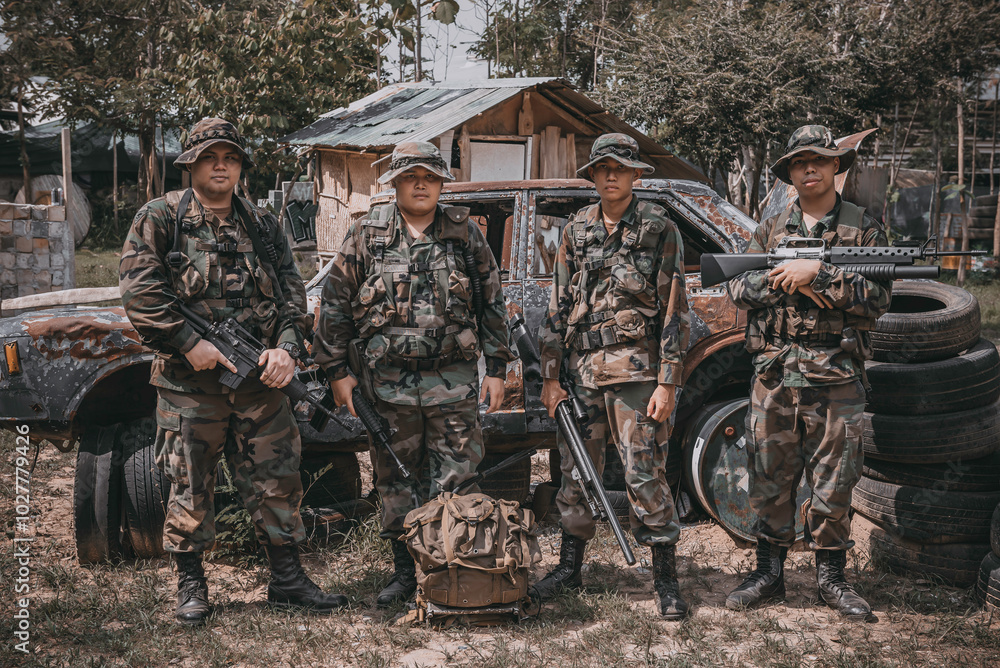 Team of army soldier with machine gun moving in the forest,Thai militia ...