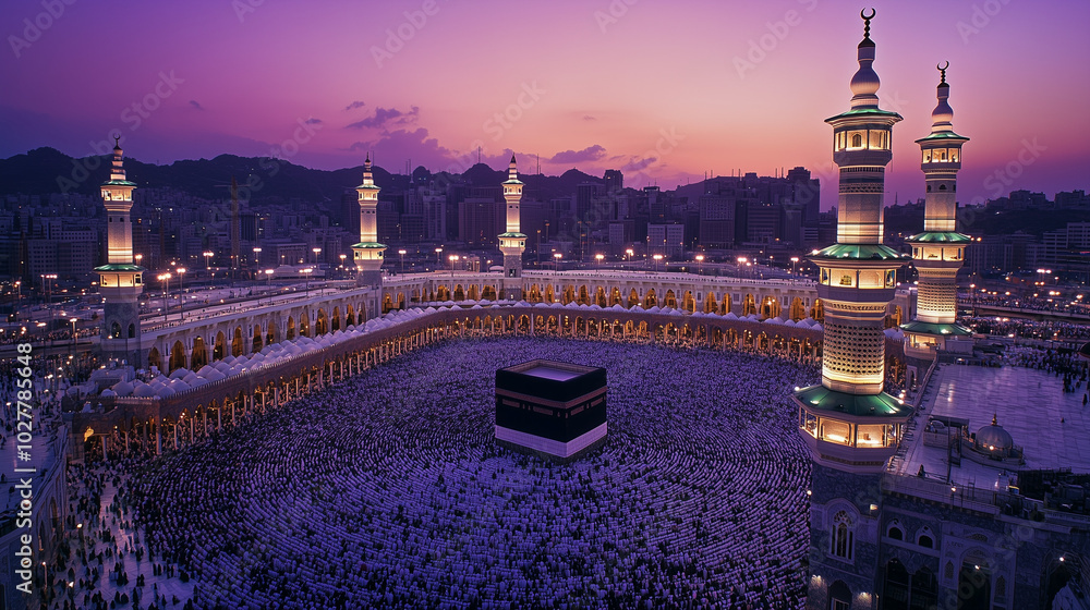 Grand Mosque in Mecca at dusk, thousands of worshippers praying around ...