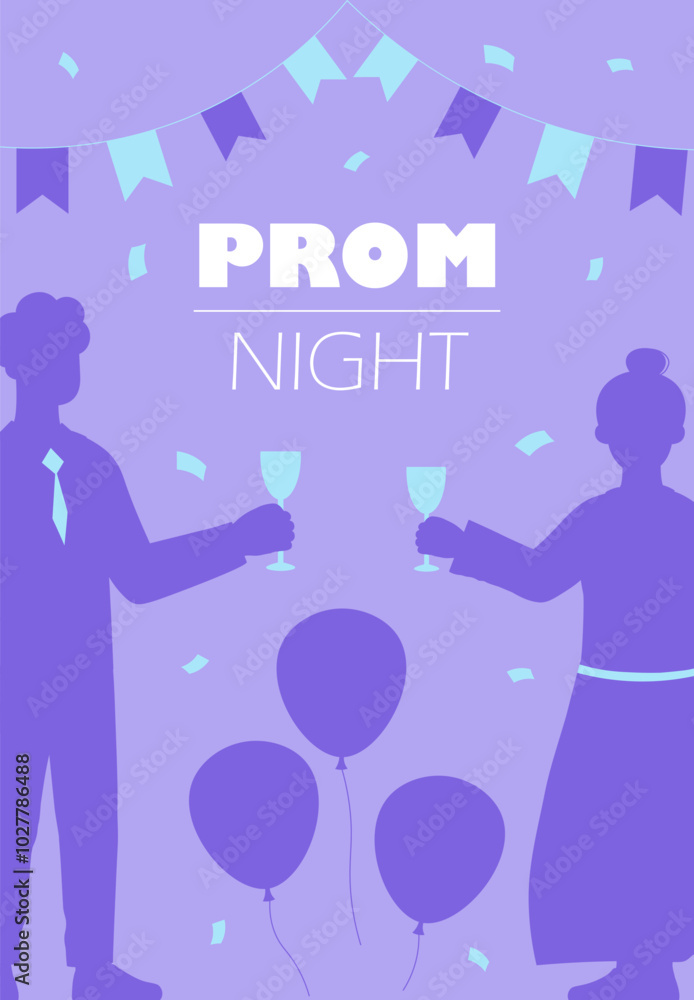 Prom night poster. Silhouettes of boy and girl with glass and balloons ...