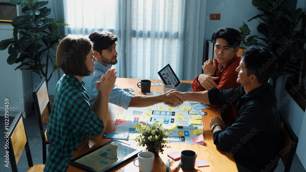 Top view of business team brainstorming and sharing idea by using mind ...