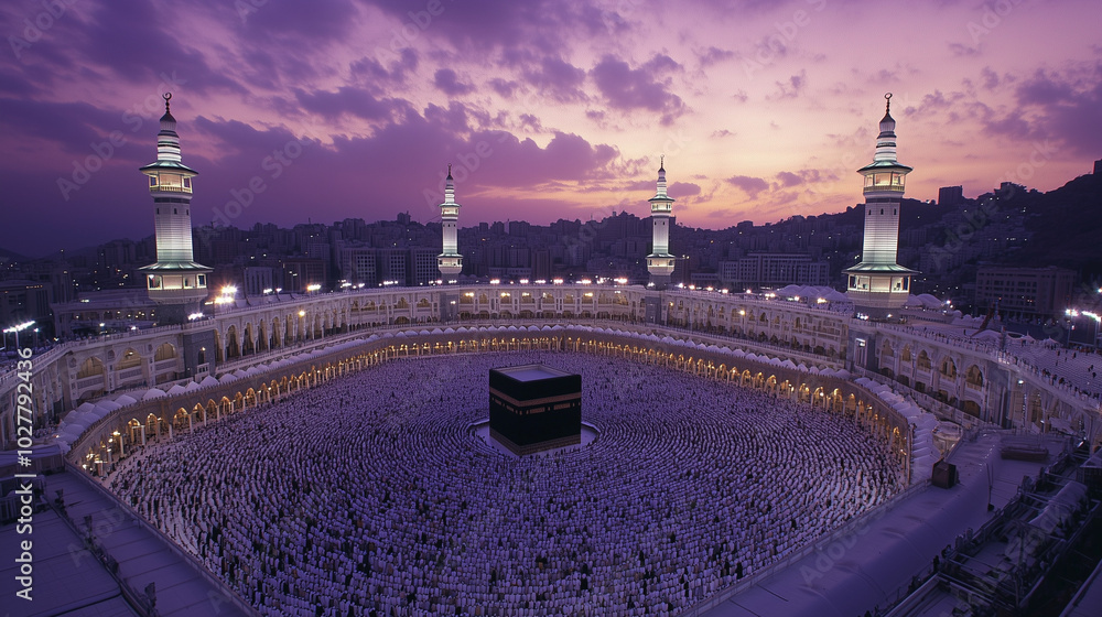 Grand Mosque in Mecca at dusk, thousands of worshippers praying around ...