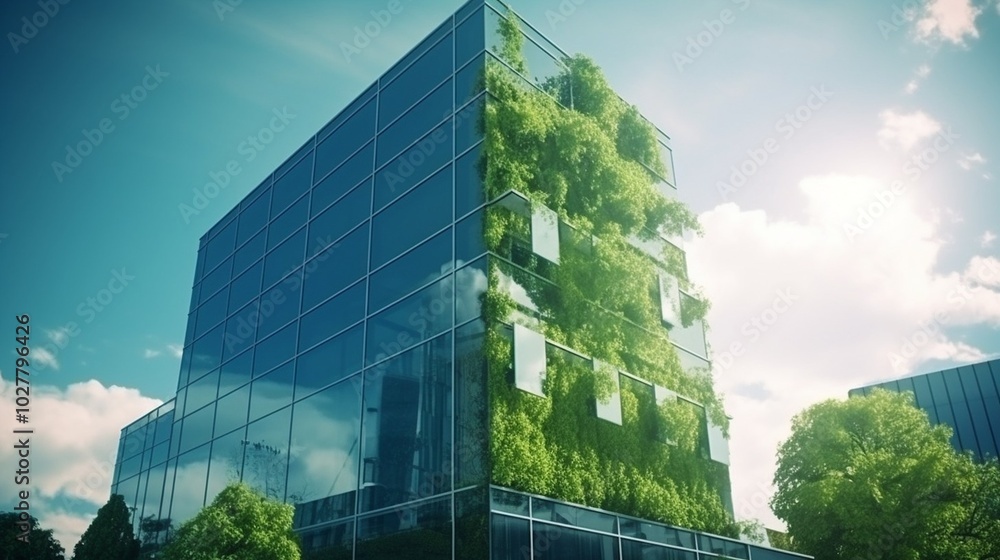 Sustainble green building. Eco-friendly building. Sustainable glass ...