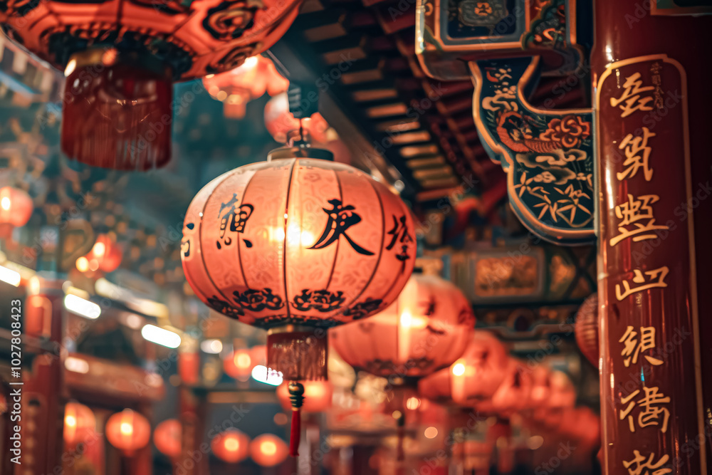 Row of Chinese lanterns hang from the ceiling, each with a different ...