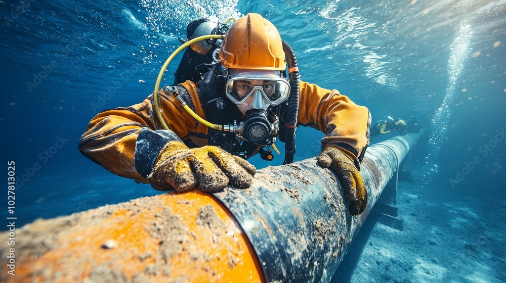 Deep-sea diver repairing an underwater pipeline, wearing professional ...