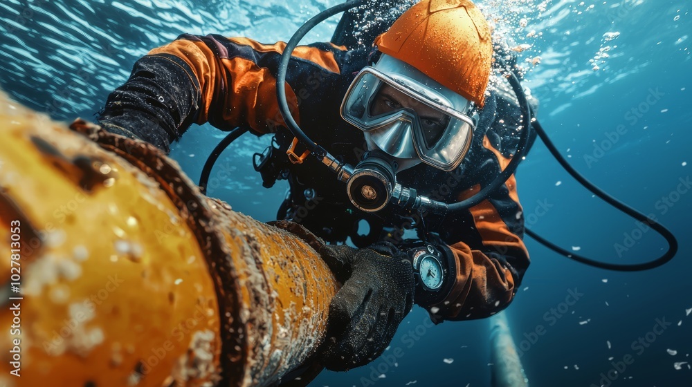 Deep-sea diver repairing an underwater pipeline, wearing professional ...